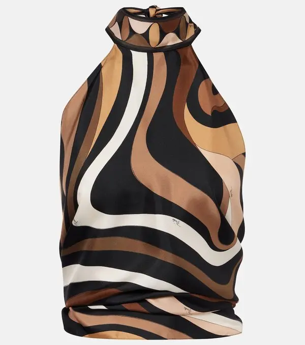 Emilio Pucci Marmo Halterneck Silk Satin Top - Brown