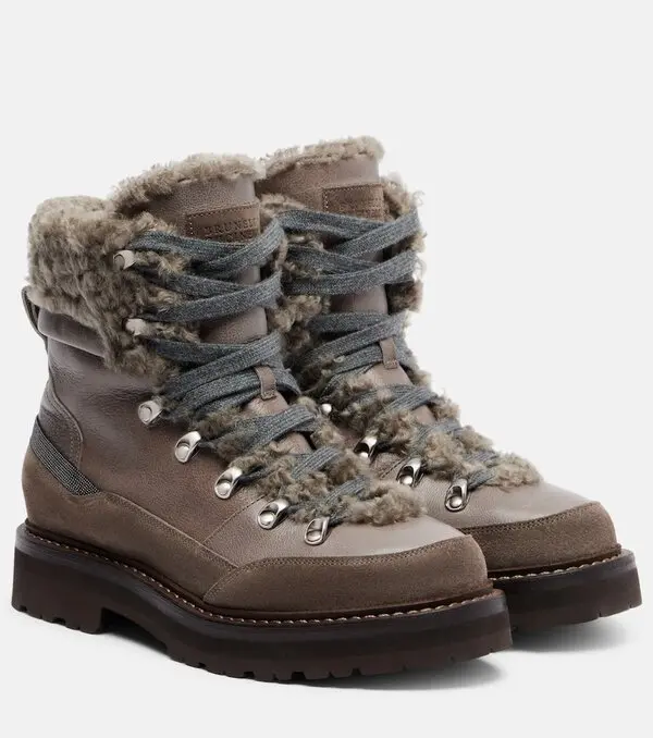 Brunello Cucinelli Shearling-lined Leather Ankle Boots - Beige