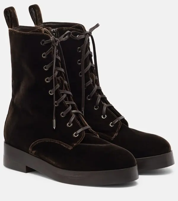 AQUAZZURA Ben 20 Leather-trimmed Velvet Combat Boots - Brown