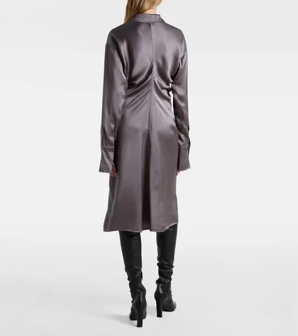 grey satin shirt dress Taupe Satin Belted 3/4 Sleeve Gold Buttons Shirt Midi Dress  AX Paris