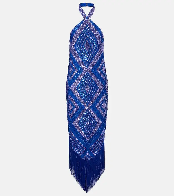 TALLER MARMO Nina Fringed Sequined Maxi Dress - Blue