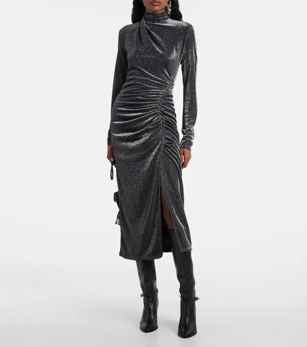 MARANT ETOILE Jenisa Draped Gathered Midi Dress - Silver