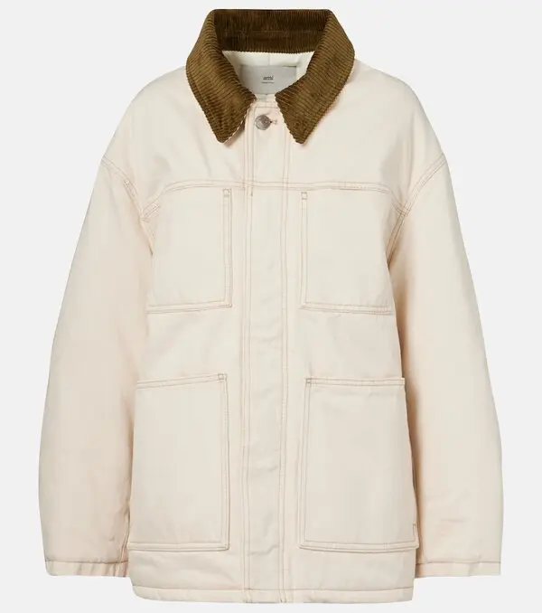 AMI Paris Corduroy-trimmed Cotton Twill Field Jacket - Beige