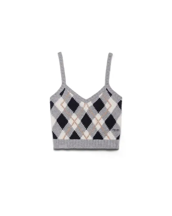 Prada Argyle Knit Cashmere Top - Grey