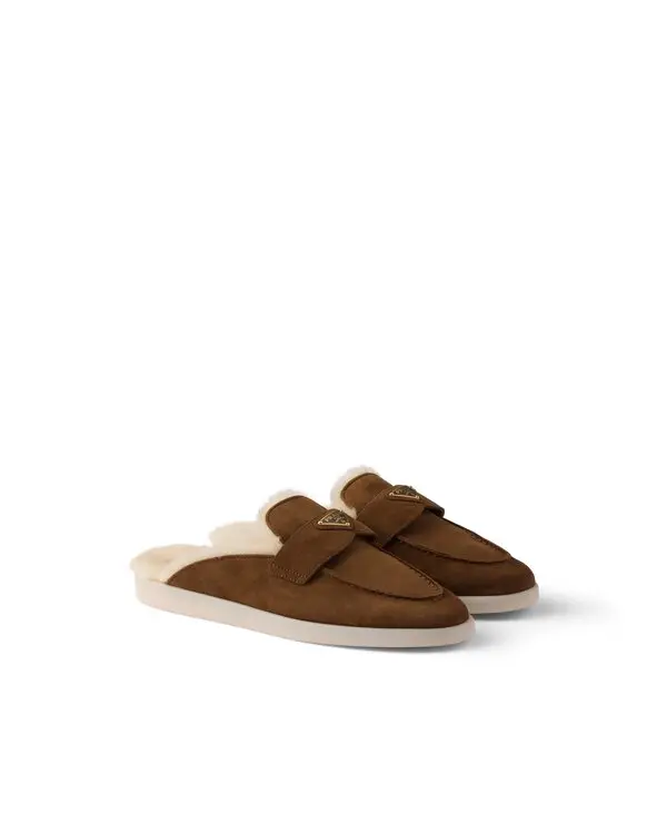 Prada Suede And Shearling Mules - Brown