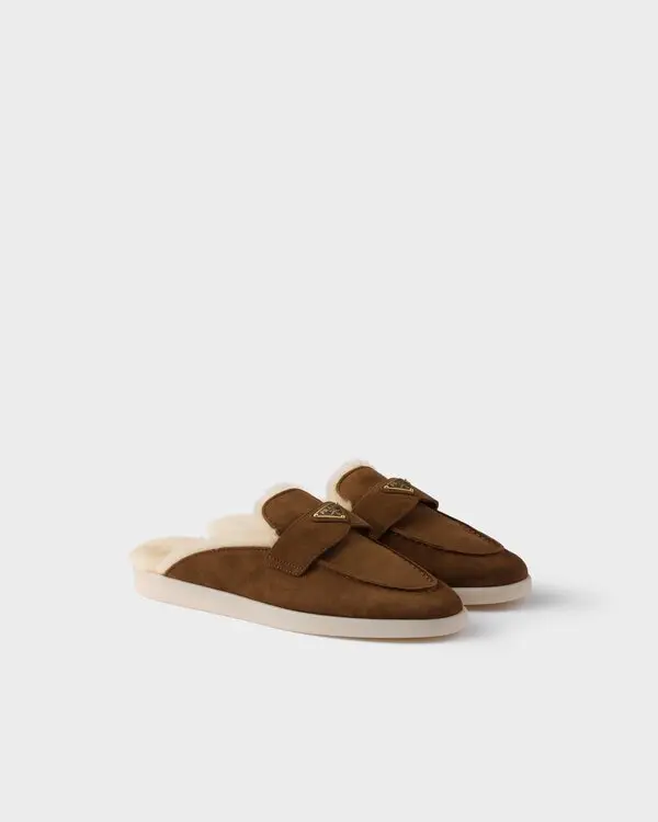 Prada Suede And Shearling Mules - Cocoa Brown