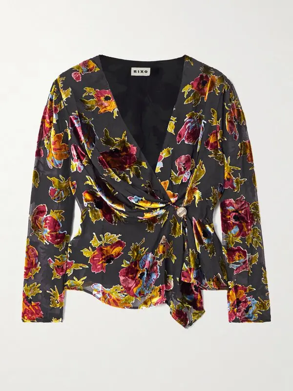 Rixo Evelyn Embellished Floral-print Devoré-velvet Wrap Top - Multi