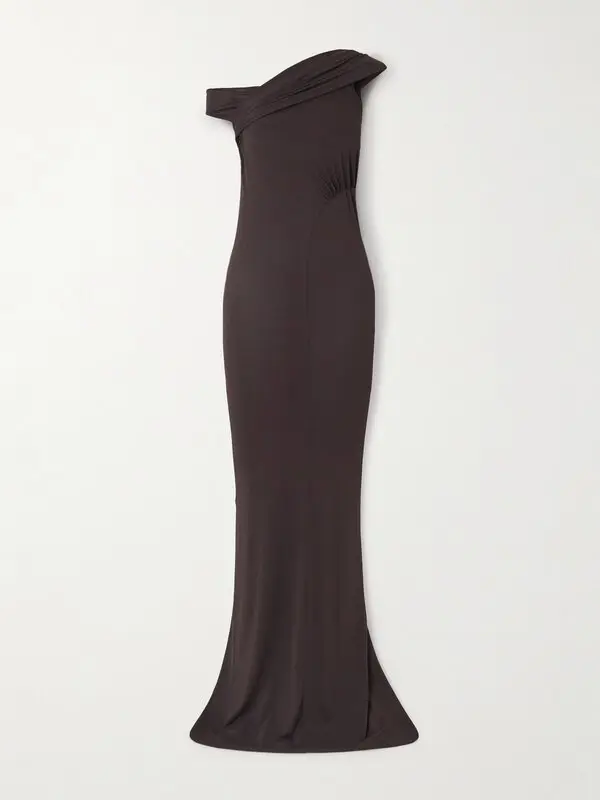 Rick Owens Asymmetric Paneled Gathered Jersey Gown - Brown