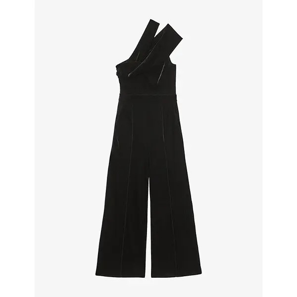 REISS Stretch Velvet One-shoulder Jumpsuit - Black