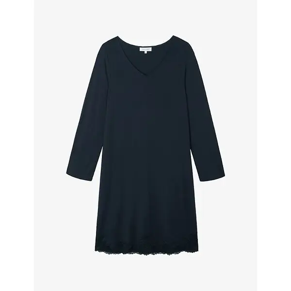 THE WHITE COMPANY Lace-appliqué Stretch-jersey Nightdress - Navy