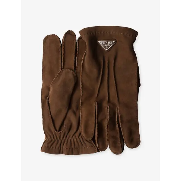 Prada Logo-embellished Suede Gloves - Brown