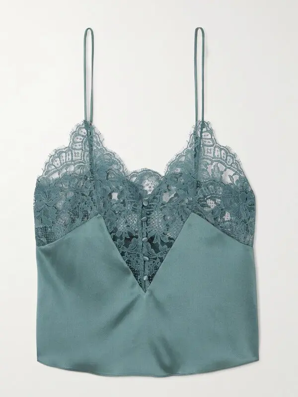 Kiki De Montparnasse Camille Cotton-blend Lace-trimmed Silk-satin Camisole - Blue