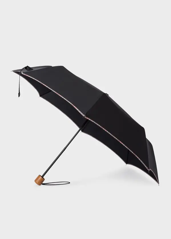 Paul Smith Black Telescopic Umbrella With 'signature Stripe' Trims