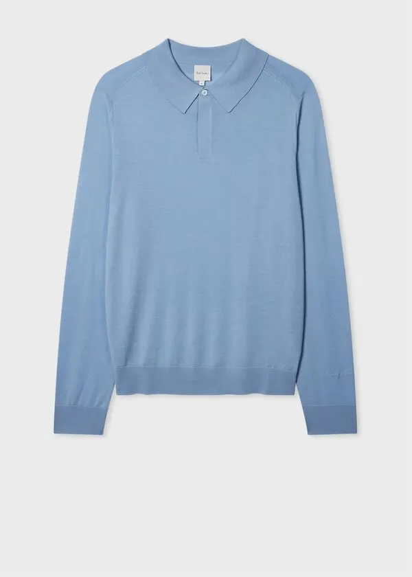 Paul Smith Light Navy Merino Wool Knitted Long-sleeve Polo Shirt - Blue