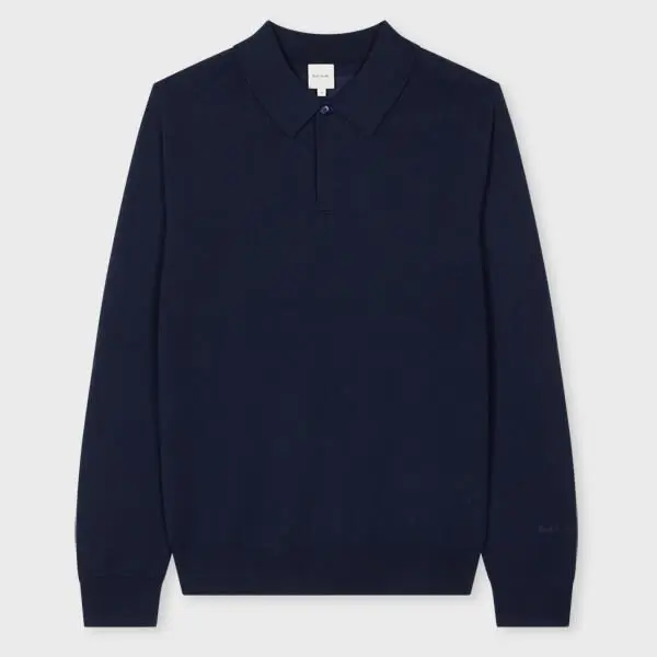Paul Smith Navy Merino Wool Knitted Long-sleeve Polo Shirt - Blue