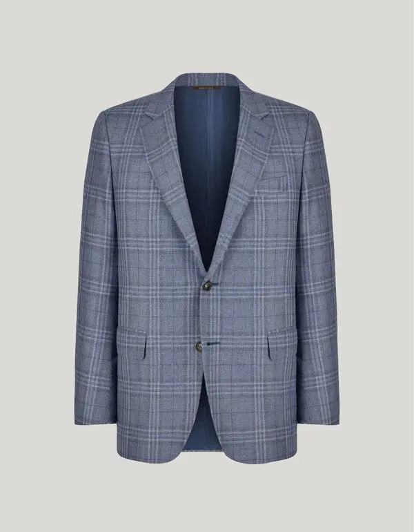 Canali Light Blue And Brown Overcheck Blazer In Silk And Cashmere - Beige
