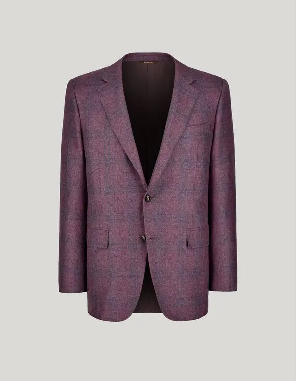 Canali Purple And Light Overcheck Blazer In Silk And Cashmere - Blue