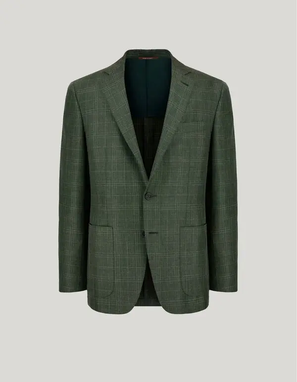 Canali Green And Overcheck Kei Blazer In Wool, Silk And Linen - Beige