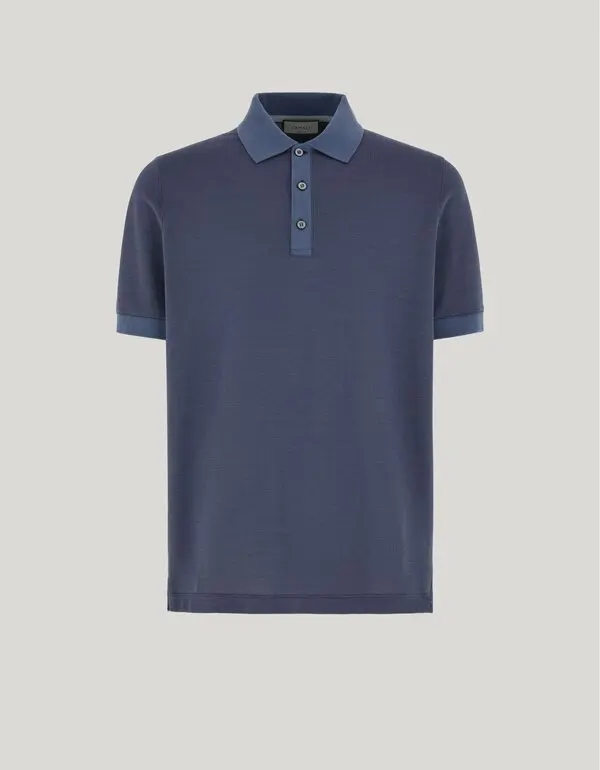 Canali Short Sleeve Buttoned Polo Shirt In Silk Blend Plain Pique. Air Force Blue - Light Blue