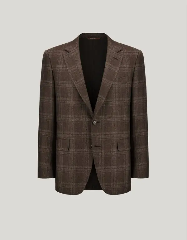 Canali Light Blue And Overcheck Blazer In Silk And Cashmere - Brown