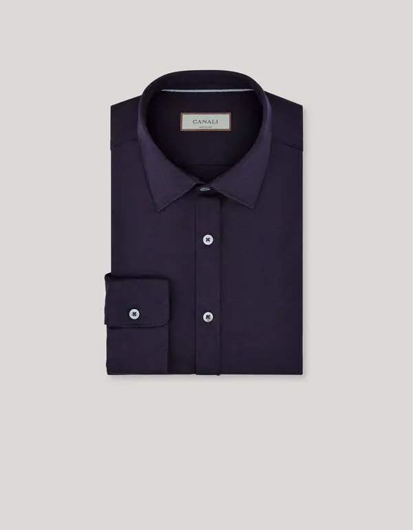 Canali Regular Fit Shirt In Navy Cotton Jersey And Lyocell - Blue