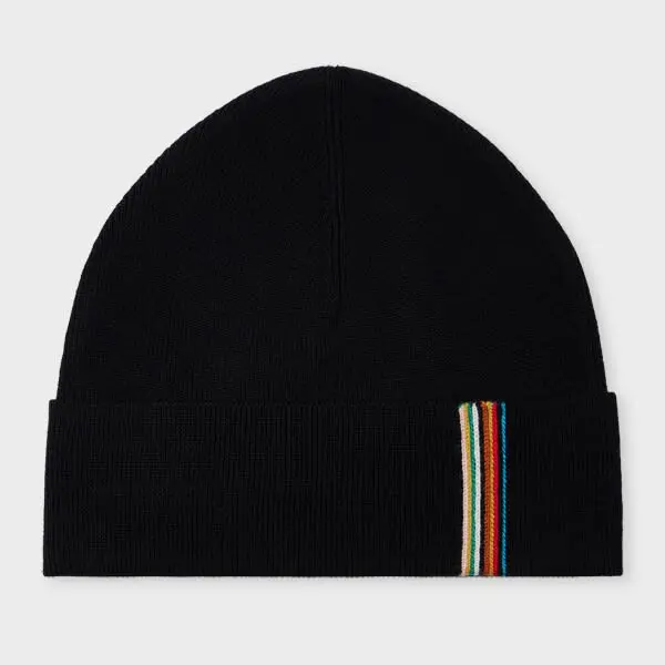 Paul Smith Merino Wool Beanie With Signature Stripe Trim - Black
