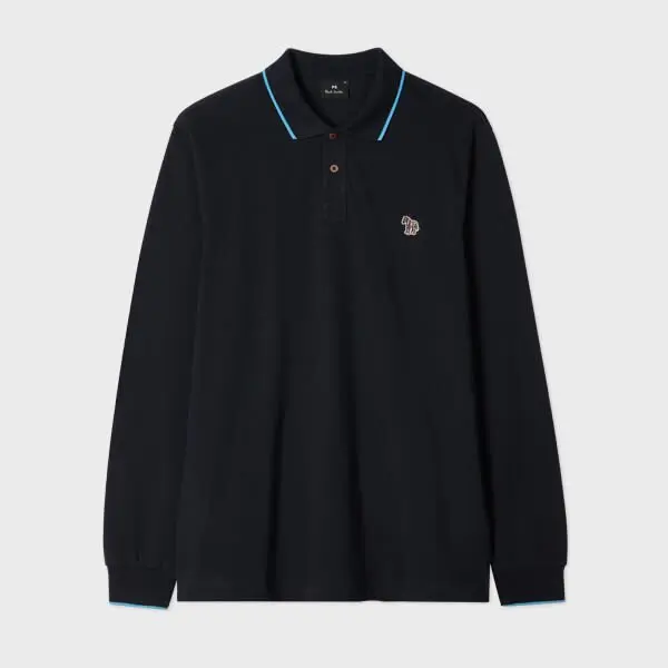 Paul Smith Navy Zebra Logo Long-sleeve Polo Shirt With Tipping - Blue
