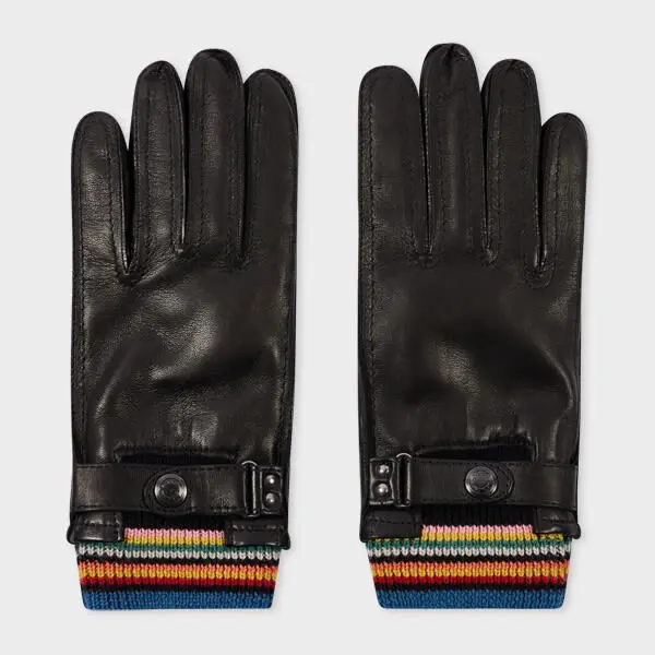 Paul Smith Leather 'signature Stripe' Cuff Gloves - Black