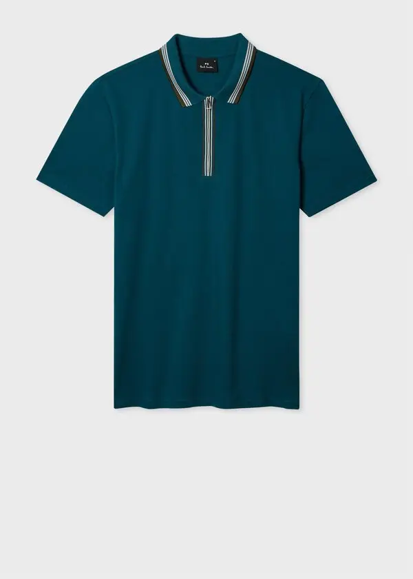 Paul Smith Teal Contrast Tipping Zip-neck Polo Shirt - Green
