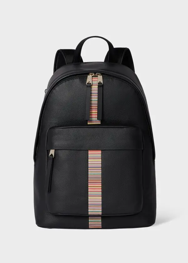 Paul Smith Leather Backpack With Signature Stripe Trim - Black