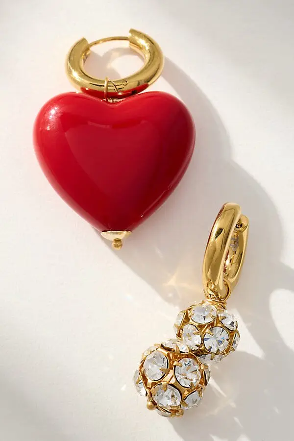 Timeless Pearly Heart And Crystal Drop Earrings - Red