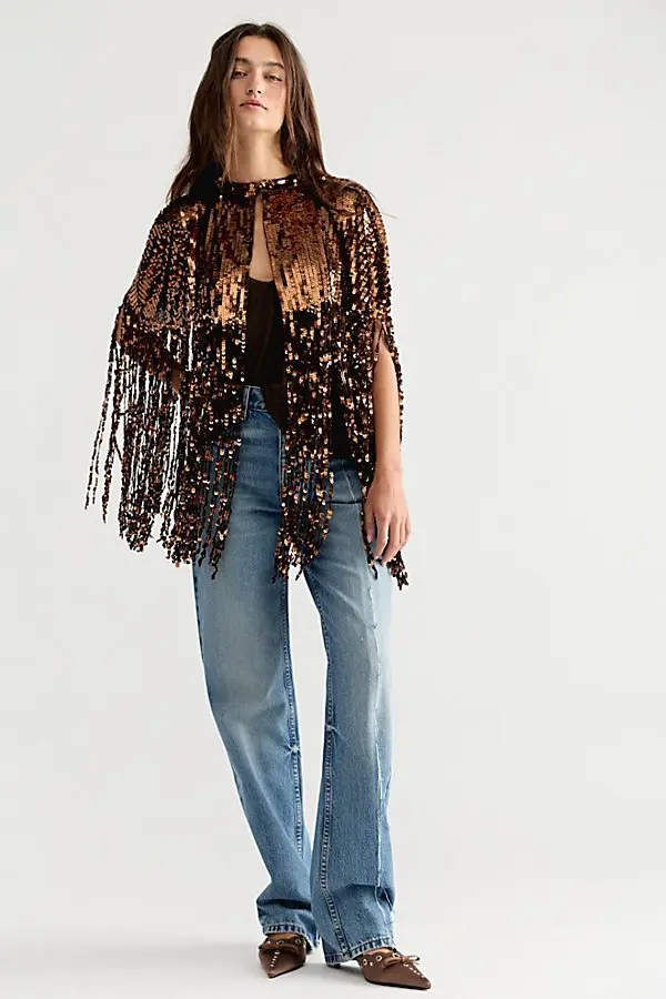 Free People All Night Long Sequin Cape With Fringe