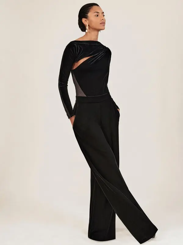 REISS Karolina Velvet Sheer-panel Wide-leg Jumpsuit - Black