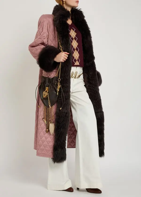 Chloé Quilted Satin Coat With Shearling Trim - Pink