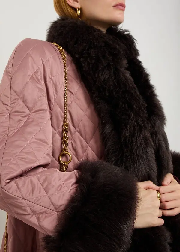 Chloé Quilted Satin Coat With Shearling Trim - Pink
