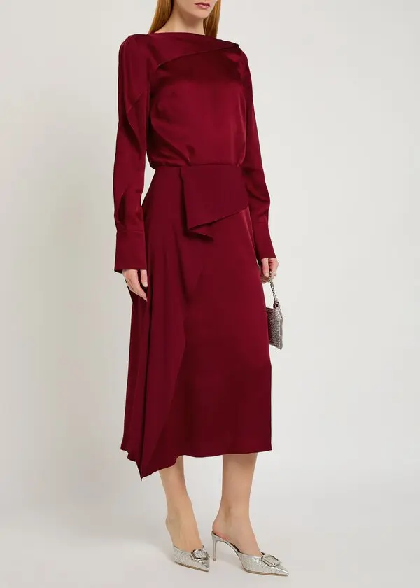 Erdem Draped Satin Midi Skirt - Red