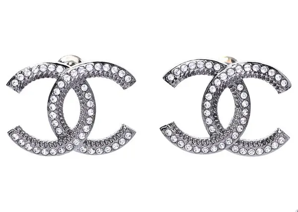 Chanel Ruthenium Crystal Cc Stud Earrings - Silver