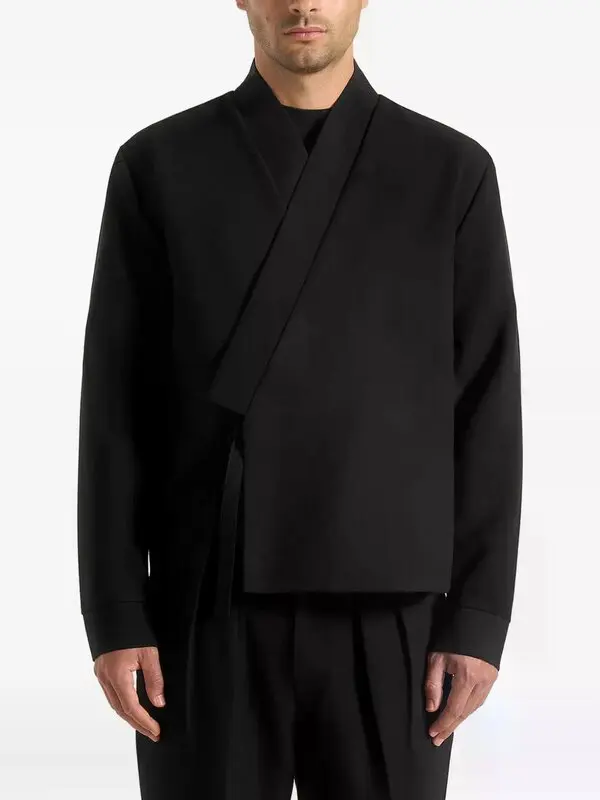 Manière De Voir Textured Kimono Wrap Jacket With Silver-tone Branding - Black