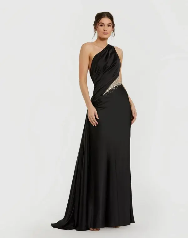 Mac Duggal One-shoulder Charmeuse Gown With Beaded Cutout - Black