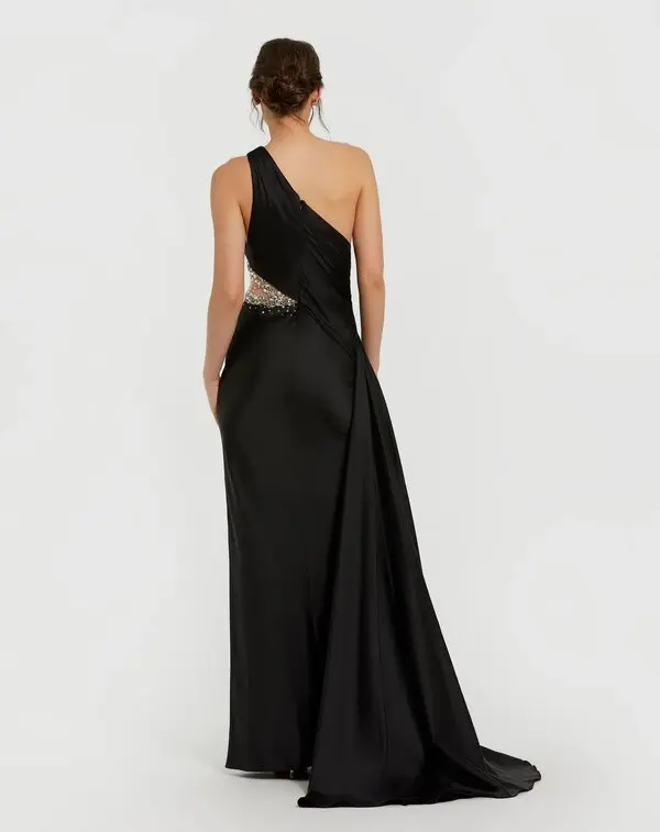 Mac Duggal One-shoulder Charmeuse Gown With Beaded Cutout - Black