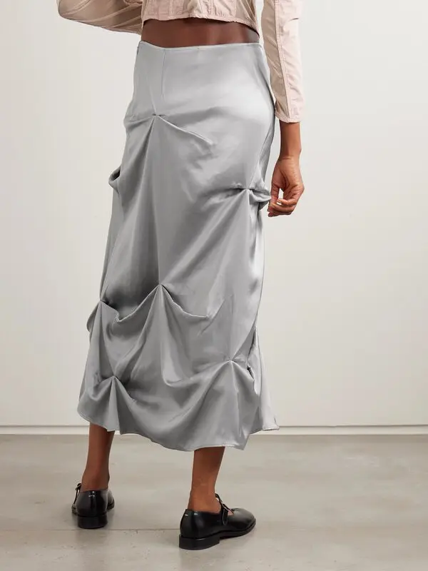 GANNI Gathered Draped Metallic Satin Midi Skirt