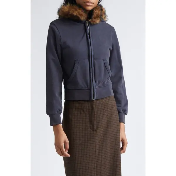 Acne Studios Fuma Organic Cotton Fleece Zip-up Hoodie With Shearling Trim - Rust Brown/navy