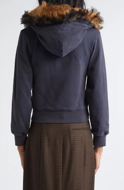 Acne Studios Fuma Organic Cotton Fleece Zip-up Hoodie With Shearling Trim - Rust Brown/navy