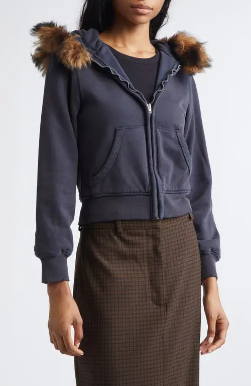 Acne Studios Fuma Organic Cotton Fleece Zip-up Hoodie With Shearling Trim - Rust Brown/navy