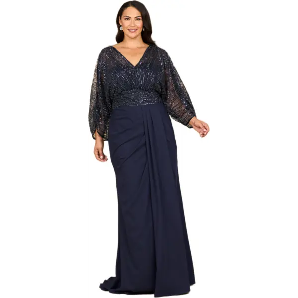 LARA NEW YORK Draped Skirt Gown With Cape Sleeves - Navy