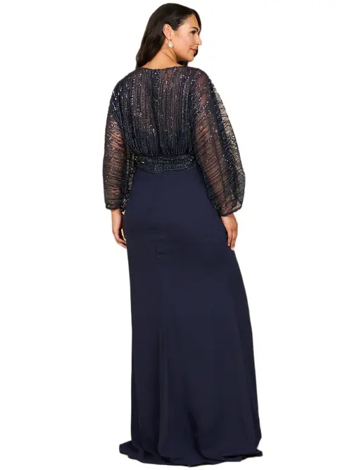 LARA NEW YORK Draped Skirt Gown With Cape Sleeves - Navy