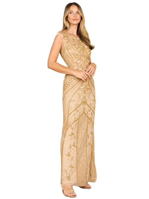 LARA NEW YORK Beaded Tulle Sheath Gown - Gold