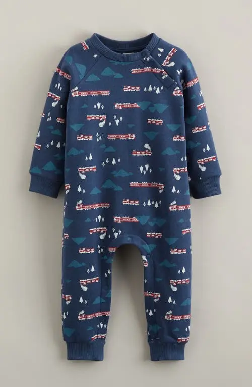 TUCKER + TATE Printed Cotton Blend Romper - Navy Denim Train Travel