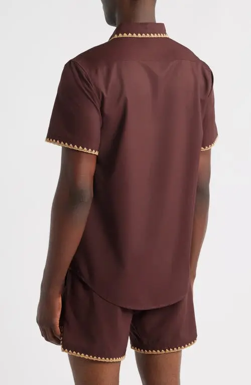MAVRANS Espresso Crochet Trim Short Sleeve Button-up Shirt - Brown