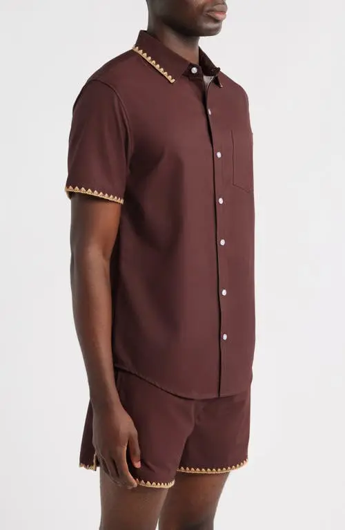 MAVRANS Espresso Crochet Trim Short Sleeve Button-up Shirt - Brown